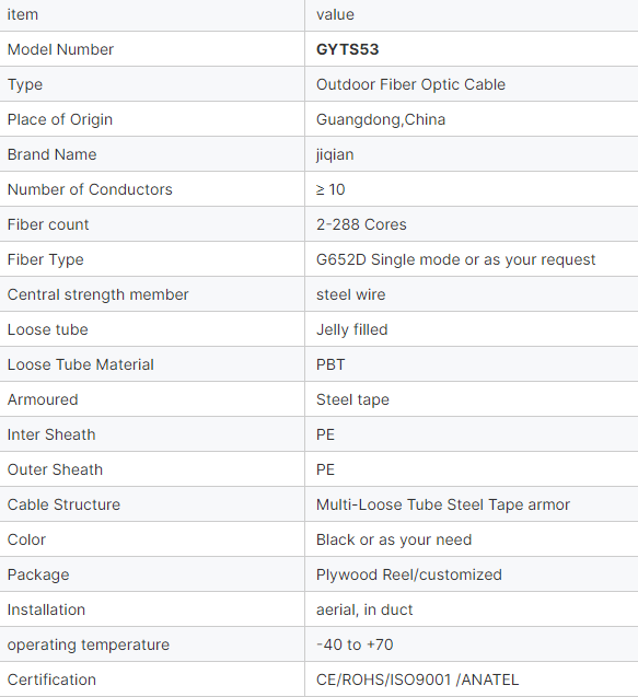 6 8 12 24 48 Core Steel Tape PSP Armoured GYTS GYTS53 Outdoor Fiber Optic Cable