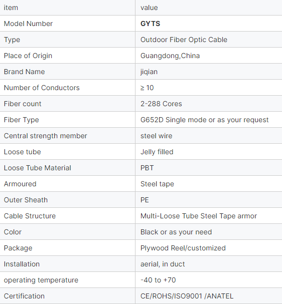 6 8 12 24 48 Core Steel Tape PSP Armoured GYTS GYTS53 Outdoor Fiber Optic Cable